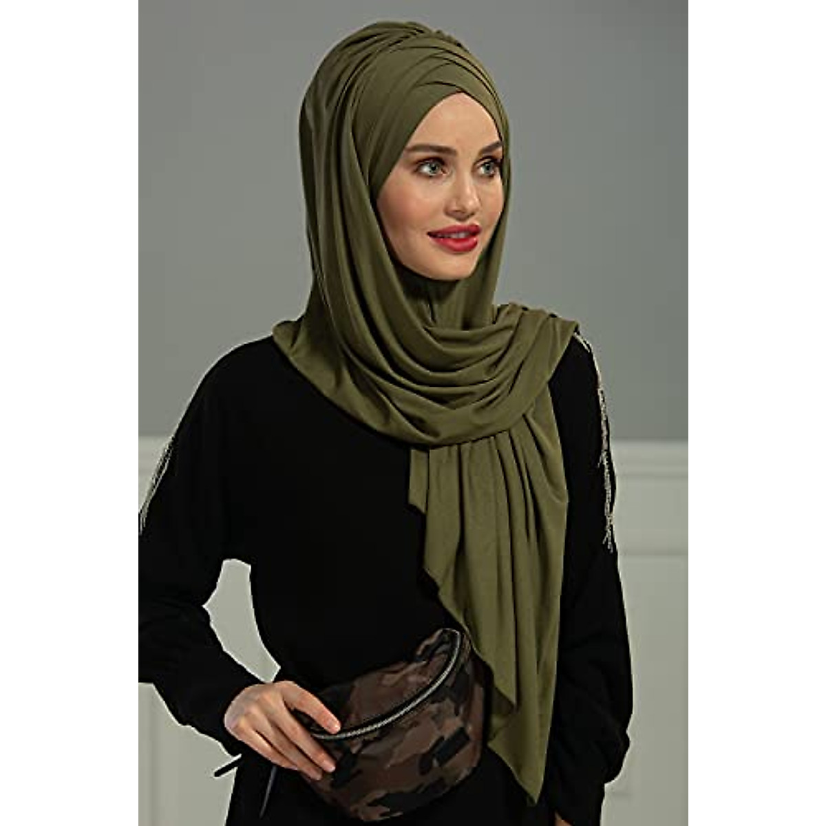 Aisha's Design Instant Hijab for Women Muslim, Presewn 95% Cotton Jersey Turban, Ready to Wear Scarf, Army Green