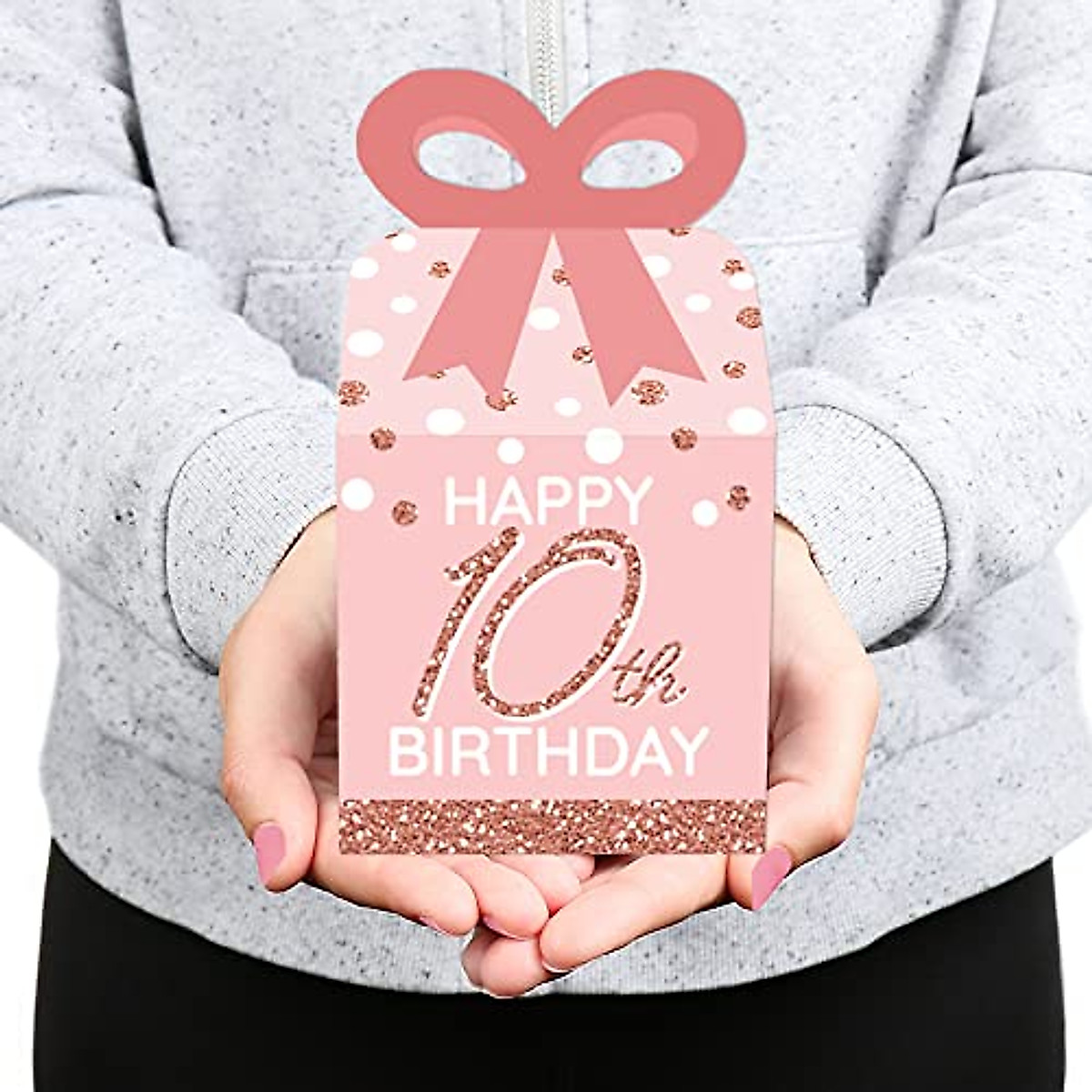 Big Dot of Happiness 10th Pink Rose Gold Birthday - Square Favor Gift Boxes - Happy Birthday Party Bow Boxes - Set of 12