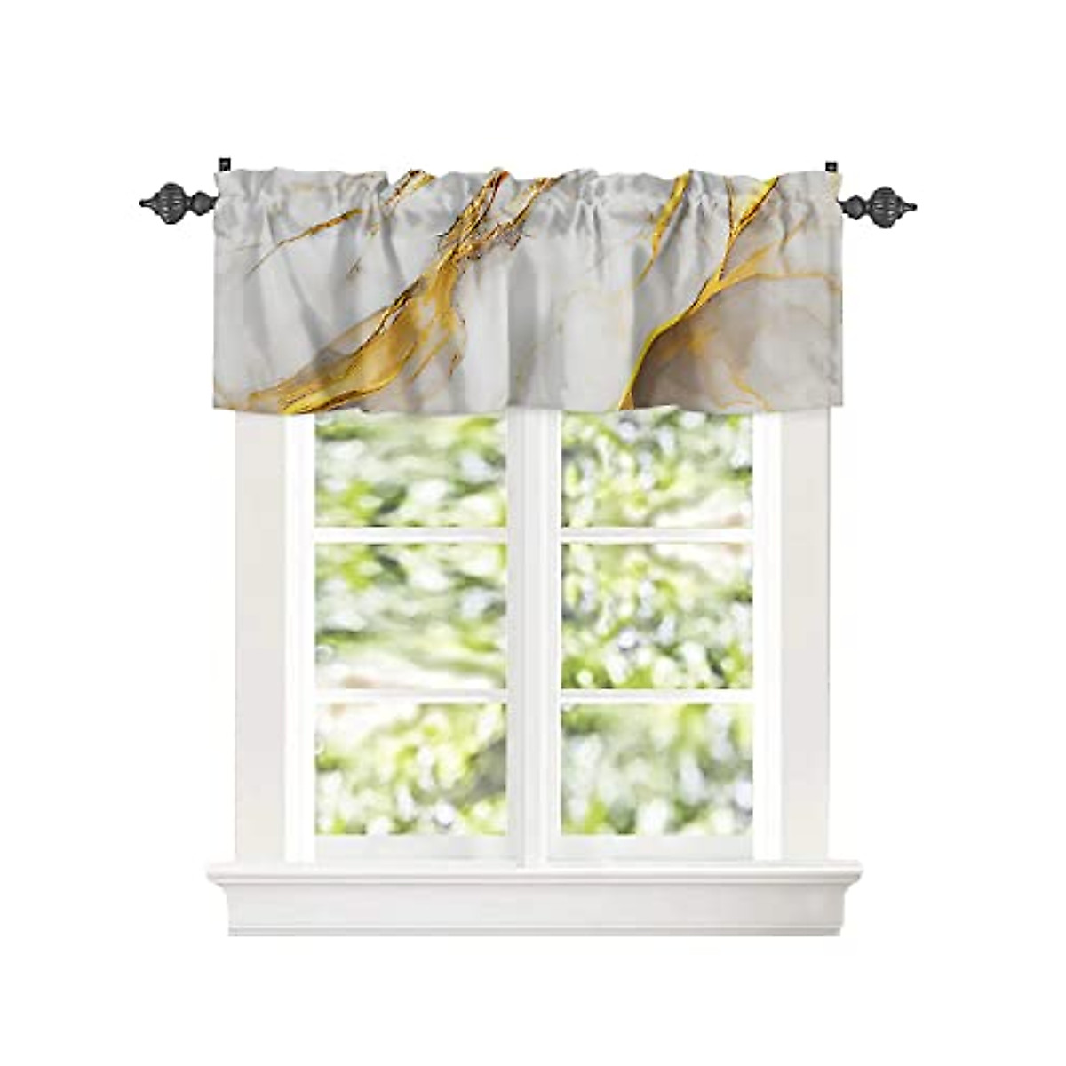 Yun Nist Window Valance Curtain Abstract White Marble Gold Stripe Valances for Kitchen Windows,Modern Geometry Art Rod Pocket Short Curtains for Bedroom,Bathroom,Living Room 60x18Inch