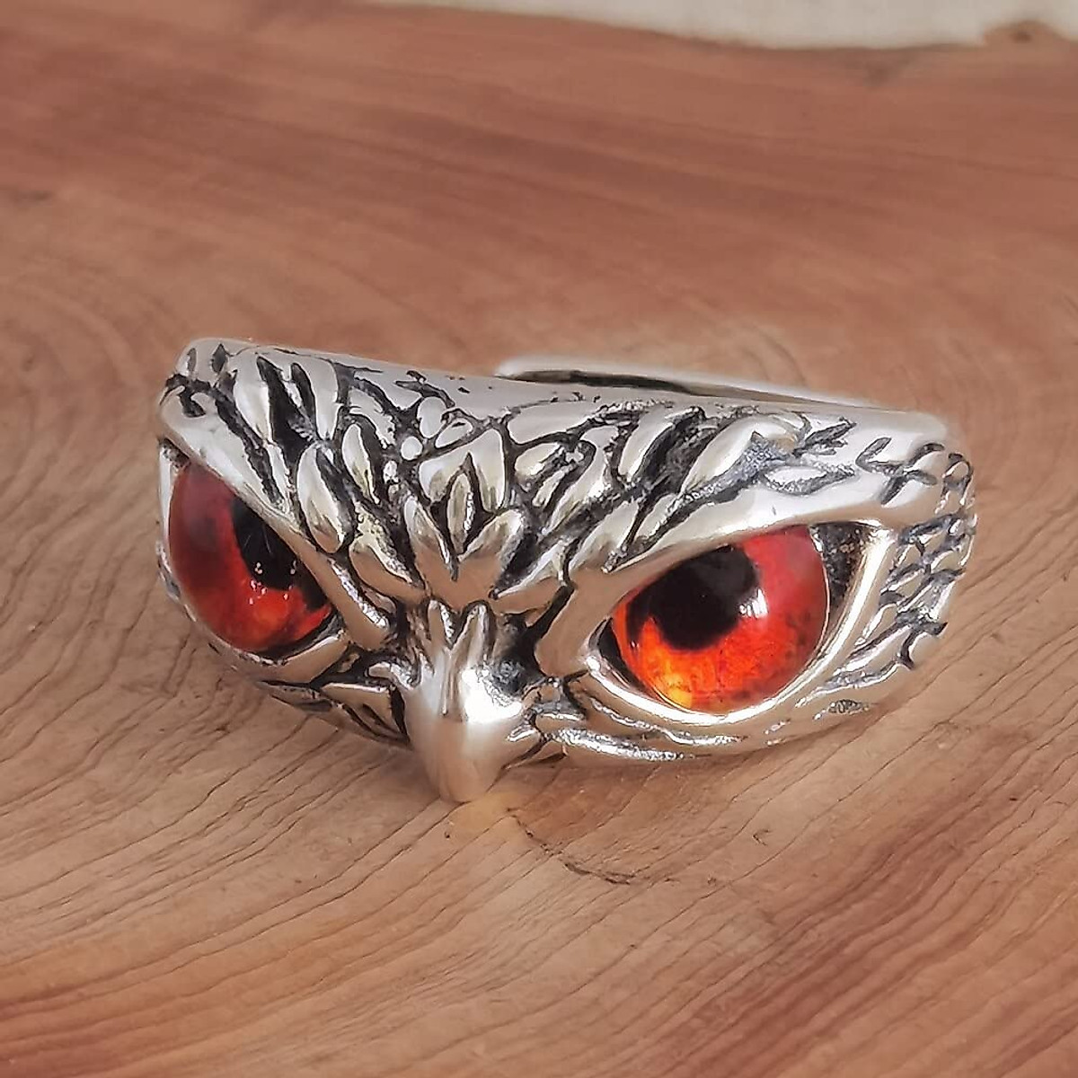 925 Sterling Silver Owl Ring blue or red eyes for men and women animal jewelry (Blue)