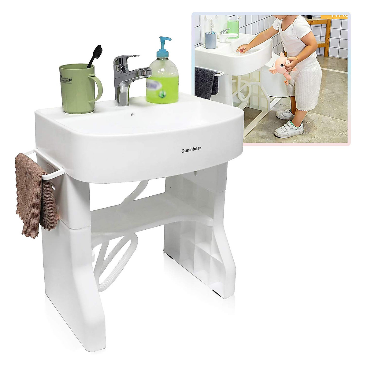 HTTMT- Washstand Self-Care Station Portable Wash Basin For Child Kids Baby Toddler KEarly Training Learning Plastic Washbasin Simulation Towel Shelf [P/N: ET-BABY007-WHITE]
