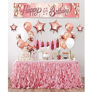 Rose Gold Birthday Party Decorations for Women, Happy Birthday Banner Backdrop, Rose Gold Stars Tassels Balloons Party Decorations Supplies for 16th 21st 30th 40th 50th Birthday Decorations Women Girl