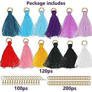 120 Pieces DIY Tassels Multicolored Mini Tassels Charm with 100 Pieces Gold Plated Earring Hooks and 200 Jump Rings for Earring Jewelry Making DIY Craft Accessory