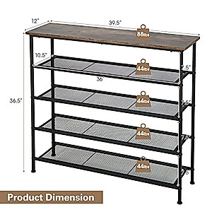 COSTWAY Shoe Rack, 5-Tier Free Standing Shoe Storage Organizer with Wooden Top, 4 Metal Mesh Shelves for 16-20 Pairs Shoes, Adjustable Protecting Feet for Entryway, Hallway, Rustic Brown and Black