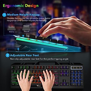 WisFox Wired Keyboard, Computer Keyboard with Rainbow LED Backlit, All-Metal Panel Gaming Keyboard with Phone Holder, Full Size Quiet Warterproof Office USB Keyboard for Desktop, Computer, PC