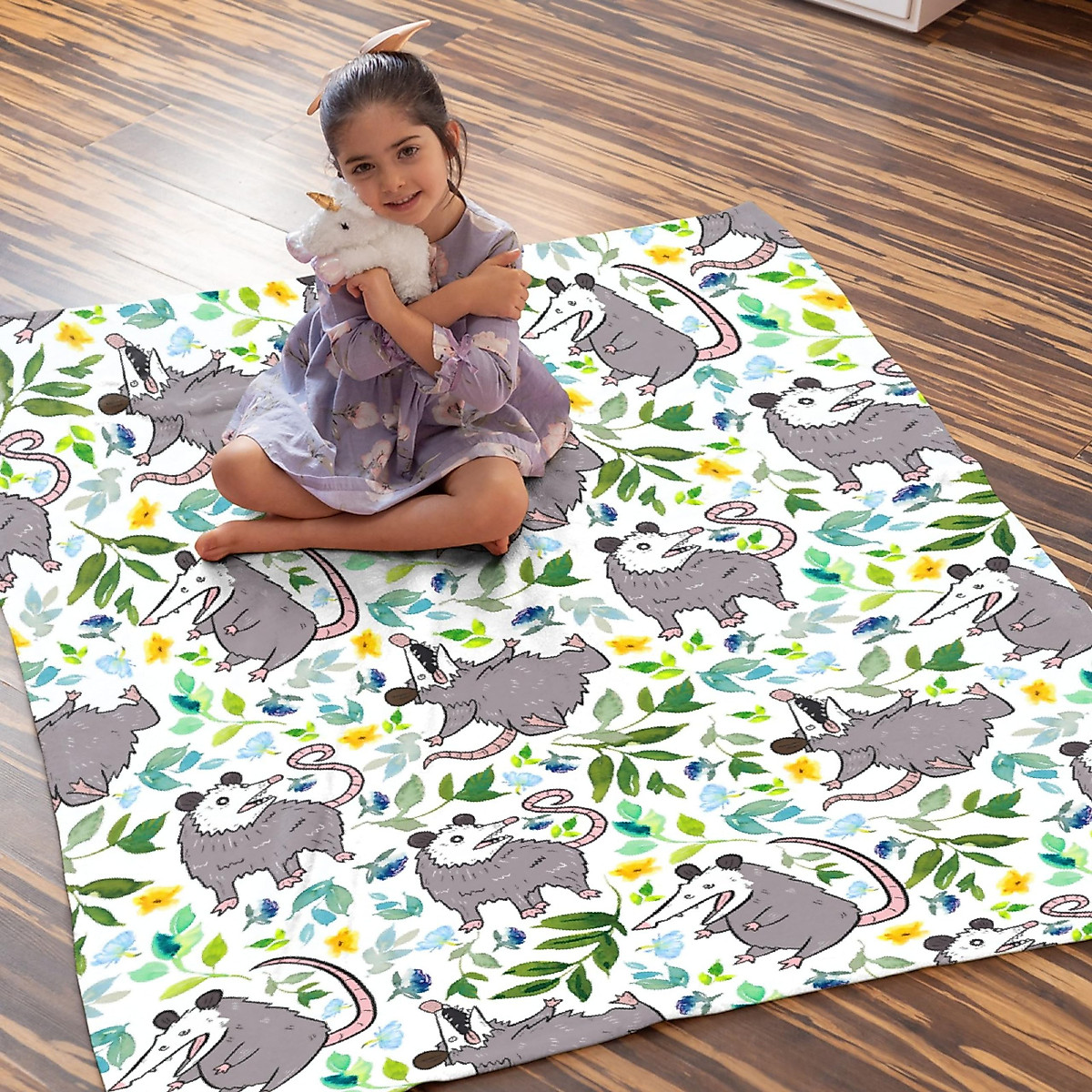 Opossum Blanket Floral Possum Throw Blanket Gifts for Girls Boys Kids Possum Stuffed Animal Lovers Super Soft Flannel Blanket for Sofa Plush Warm Cozy Bed Home Decor,30"x40"for Baby/Pets