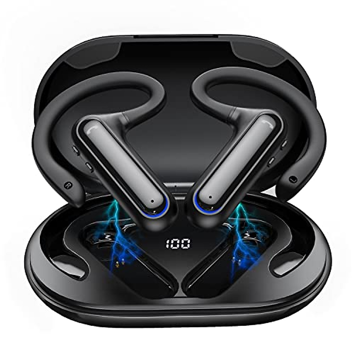 Jassco Bluetooth Earphones, Wireless Open Ear Headphones with Earhooks, 40H Playtime Hands-Free Earbuds with LED Display, Wireless Earphones Earpieces with Mic for Business, Travel, Driving, Workout