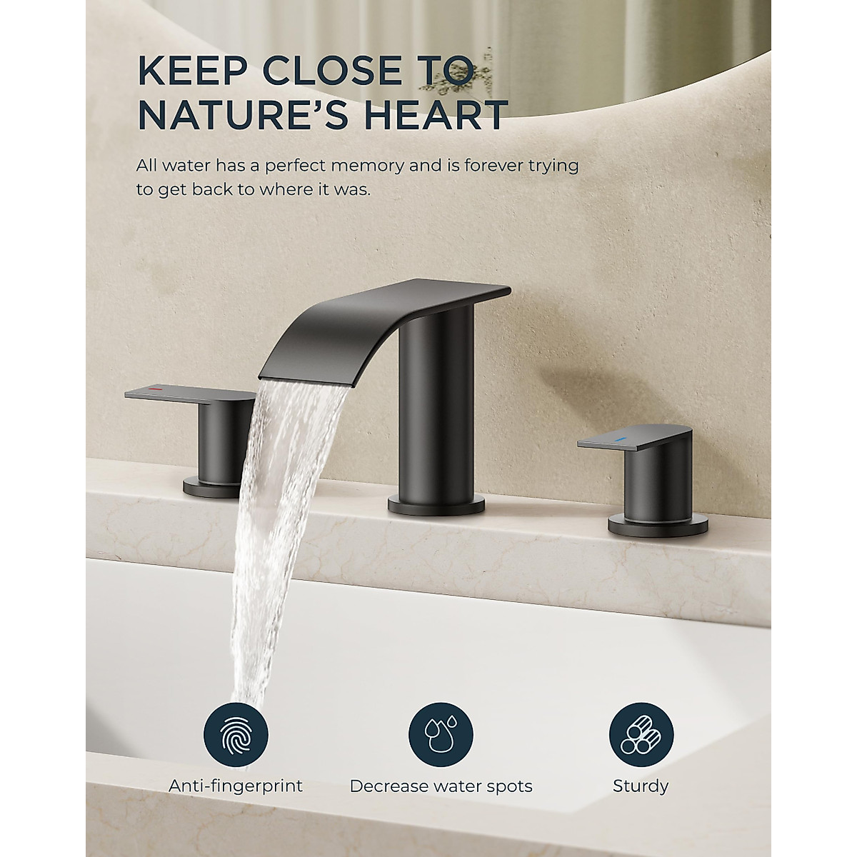 FORIOUS Black Bathroom Faucets, Matte Black Waterfall Bathroom Faucet 3 Hole with Metal Pop up Drain, 8 Inch Widespread Bathroom Sink Faucet Two Handle, Faucet for 6''-12'' Bathroom Sink Vanity