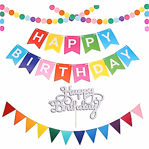 Happy Birthday Banner with Cake Topper, Rainbow Birthday Banner, Colorful Circle Paper Garland with Colorful Triangle Flags for Birthday Party Supplies, Happy Birthday Decorations(Colorful)