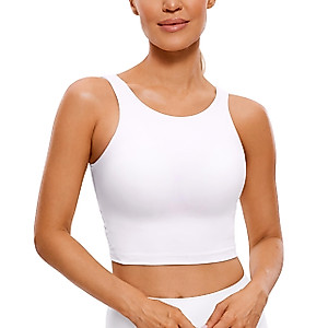 CRZ YOGA Butterluxe Womens High Neck Longline Sports Bra - U Back Padded Crop Workout Tank Top with Built in Bra White Medium