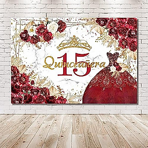 MEHOFOND 10x7ft Boho Floral Quinceanera 15th Birthday Backdrop for Girls Red Flowers Pampas Grass Mis Quince Anos 15th Birthday Party Decorations Photography Background Gold Glitter Dots Crown Banner