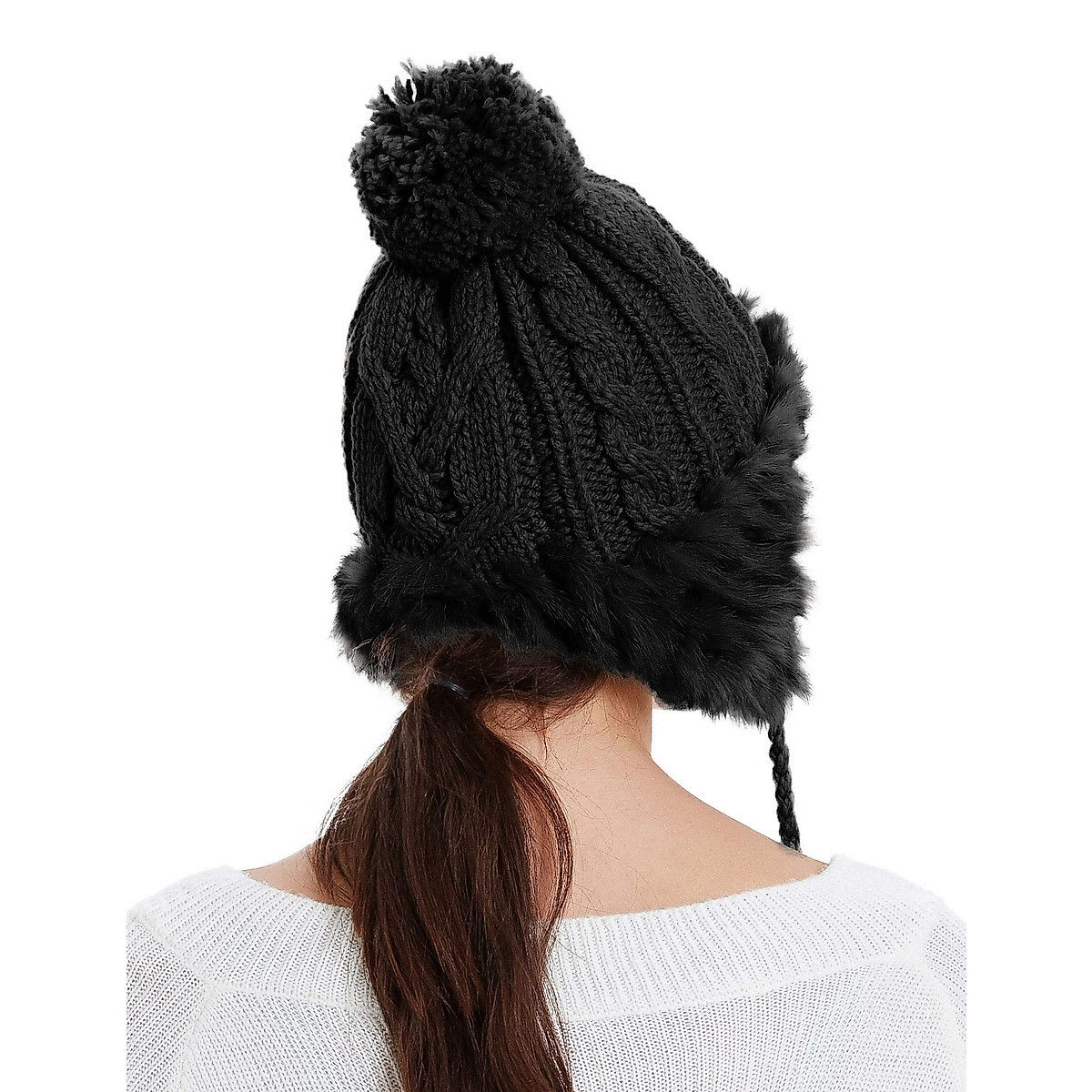 Zecmos Winter Skull Beanie Hat Women Faux Fur Knit Warm Soft Ski Cap Fleece Ear Flaps Black