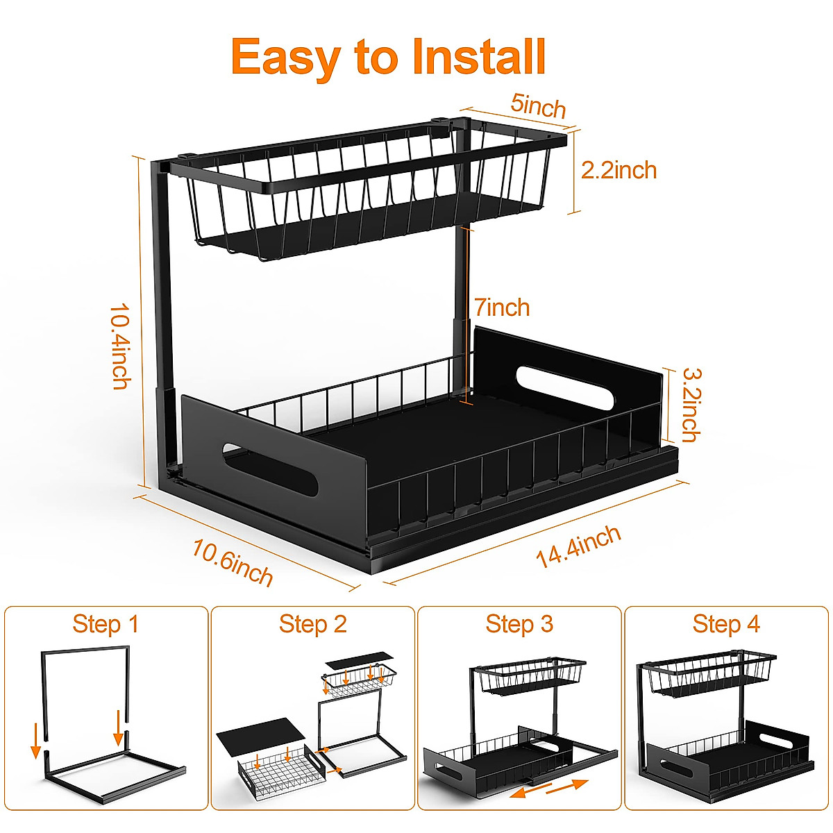 Under Sink Organizer, DIFEN 2-Tier Sliding Cabinet Basket Organizer for Under Sink Storage in Bathroom and Kitchen - Black