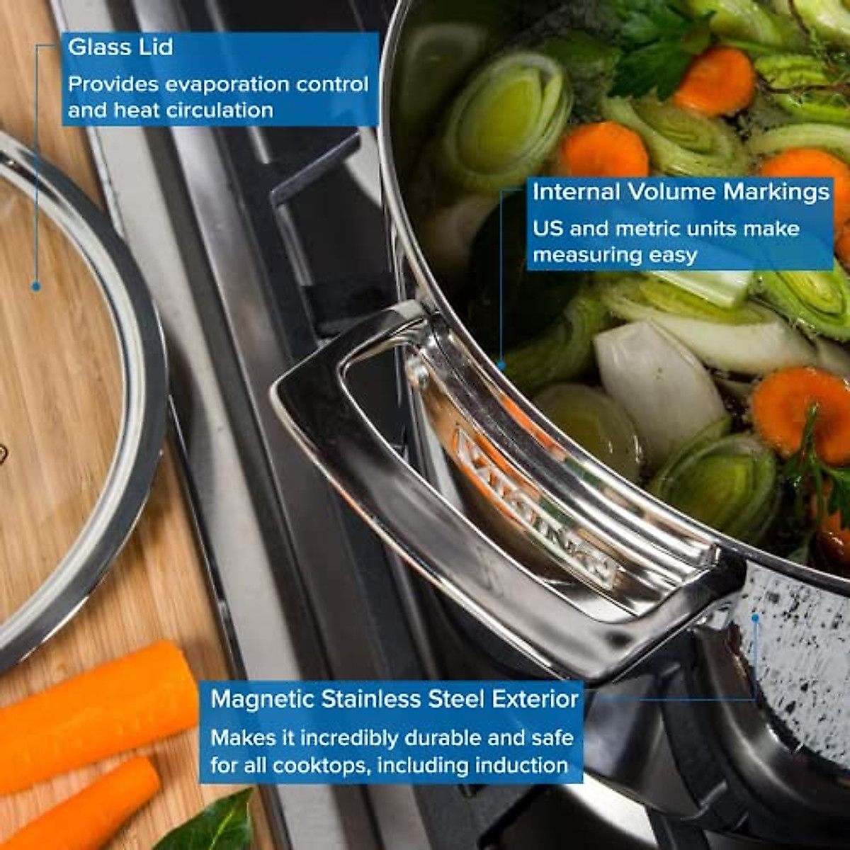 Viking Culinary 3-Ply Stainless Steel Stock Pot, 8 Quart, Includes Glass Lid, Dishwasher, Oven Safe, Works on All Cooktops including Induction