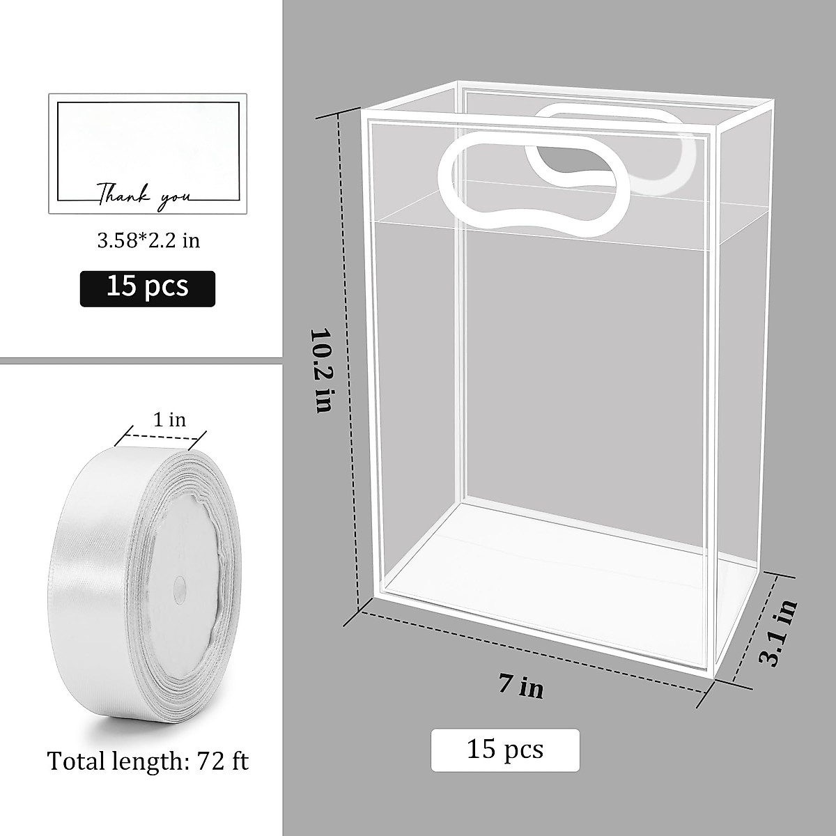 15Pack Clear Plastic Gift Bags with Handle,Reusable PP Gift Wrap Tote Bags with Ribbon for Wedding Bridal Birthday Party Baby Shower Goodies Graduation Shopping Business, 7x10x3.15 Inch (White)