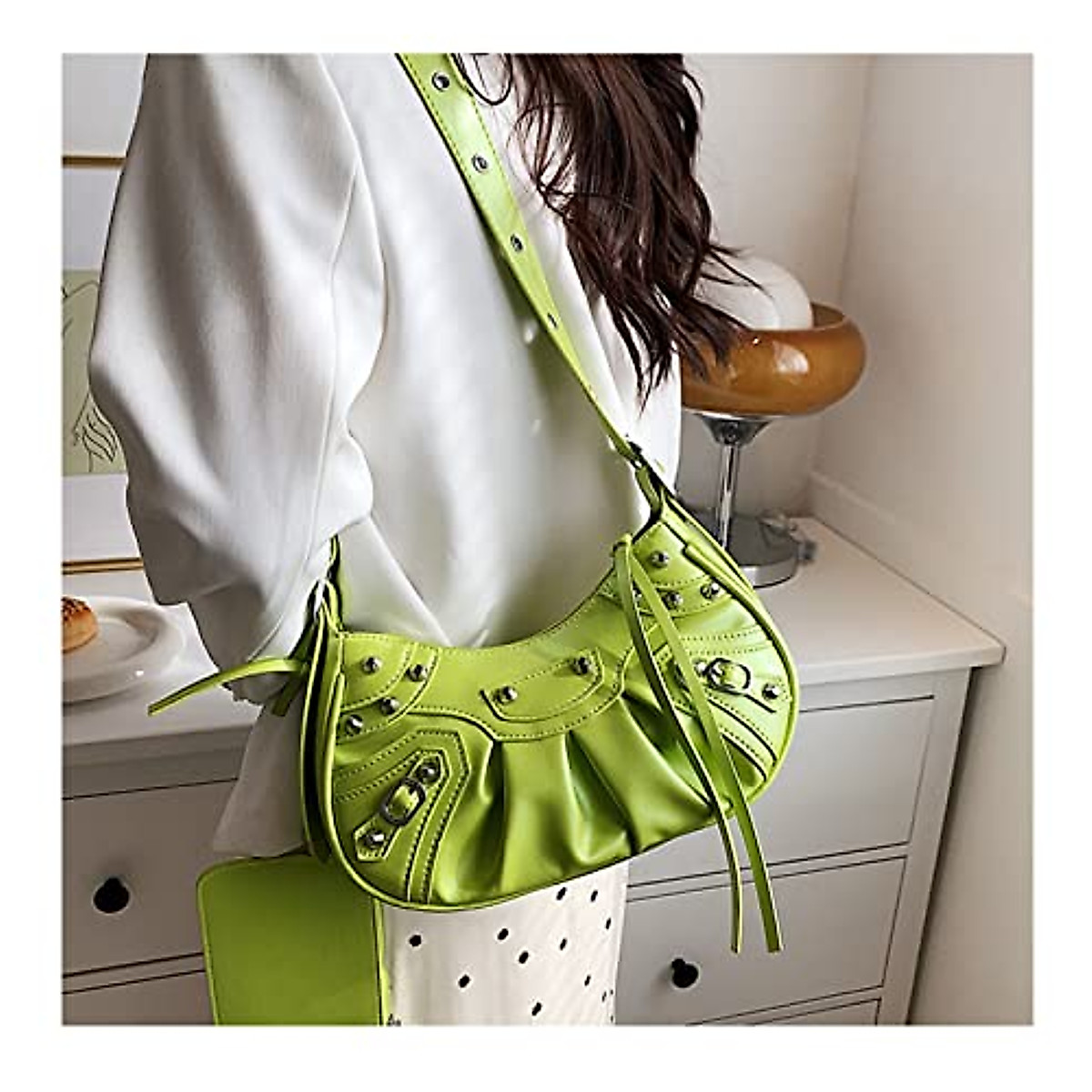 Retro Punk Style Rivet Hobo Bag + Mini Purses, Pleated Crescent Bag, Personality Satchels/Shoulder/Crossbody Bag for Women