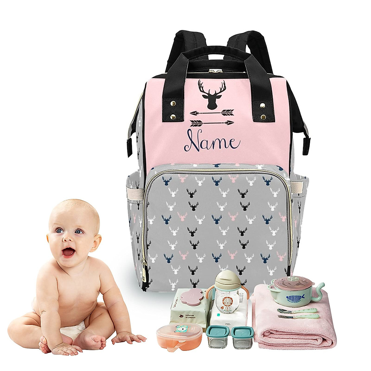 bliblisa Personalized Woodland Moose Arrow Mommy Nursing Bags Baby Girl Boy Name Diaper Bags