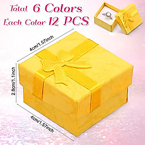 72 Pcs Ring Gift Box 1.6 x 1.6 x 1.1 Inches Hard Cardboard Jewelry Boxes with Ribbon Bow Small Ring Box Gift Cases for Earring Packaging Necklace Bangle Bracelets Weddings Birthdays, 6 Colors