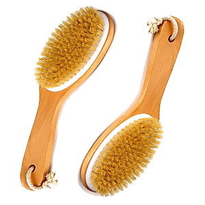 Natural Boar Bristle Body Brush Wooden Handle by Spa Destinations Dry Brush and Wet Brush 2 Pk Exfoliating Scrubber for Flawless Skin, Cellulite Treatment, Lymphatic and Blood Circulation