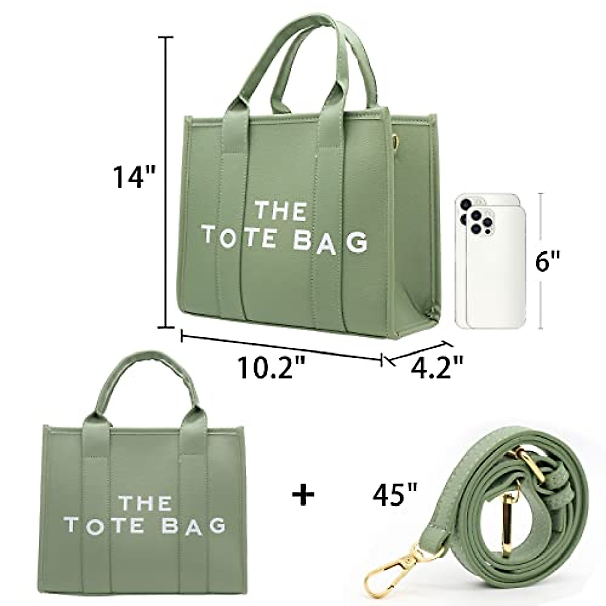 Women's The Tote Bag, PU Leather Tote Bag, Shoulder, Crossbody or Handle Bag for Work, School (10.2X4.2X8.5in) (Light green)