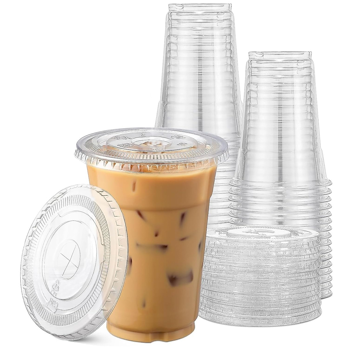 TashiBox Plastic Cups with Flat Lids 100 Sets 16 oz , Clear Crystal drink cups with lids