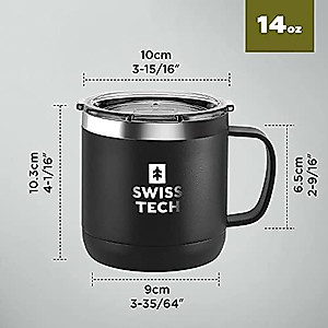 Swiss+Tech 14 oz Coffee Mug, Vacuum Insulated Mug Cup with Lid, Double Wall Stainless Steel Travel Tumbler Cup, Corrosion Resistant, BPA Free (Black&White)