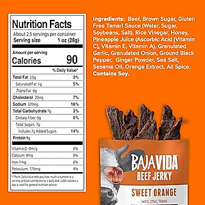 Baja Vida Sweet Orange Beef Jerky - Beef Jerky Snack Packs, Healthy Jerky, Gluten-Free, All-Natural Beef, No MSG, Made in the USA - 2.5 Oz (Pack of 4)