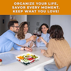 MUGA LARGE Divided Serving Tray with Lid & Handle- 6 Compartment Removable Snackle Box Charcuterie Container with 2 Silicone Tong, BPA-Free Fruit Storage Container.
