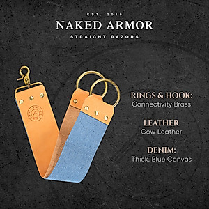 Naked Armor Stropping Leather Strop - Straight Razor Sharpening & Leather Knife Sharpener, Brass Hooks, Linen Stropping Belt, Leather Strop for Knife Sharpening, Razor Blade Sharpener, Shave Strop