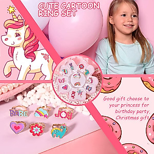 PinkSheep Rings for Kids Jewelry for Girls Unicorn Ring Rainbow Ring Butterfly Ring 12 PC Gift for 4/5/6/7/9/10 Years Old Flower Packaging