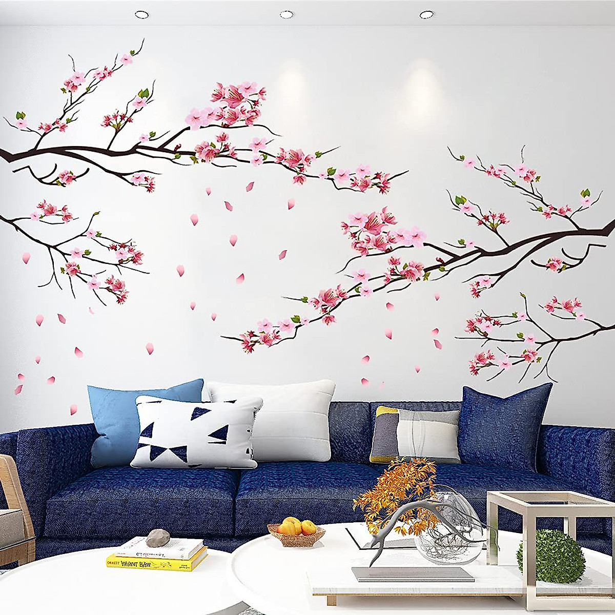 RW-KSR16 Pink Peach Flower Wall Decals Cherry Blossom Tree Branch Wall Stickers DIY Removable Florals Plants Wall Art Decor for Kids Girls Bedroom Livig Room Nursery Office Wall Decoration