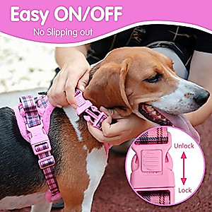 PoyPet Plush Dog Harness, Soft Padded No Pull Vest Harness, Reflective Adjustable Escape Proof with Easy Control Handle for Small Medium Large Dogs(Checkered Pink,S)