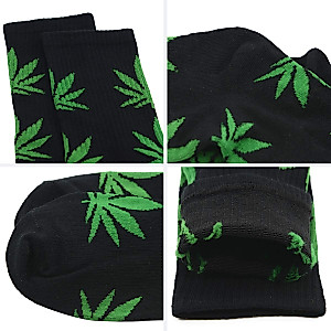 Zando Marijuana Weed Leaf Printed Cotton Unisex Colorful Sports Comfort High Crew Socks Black Green