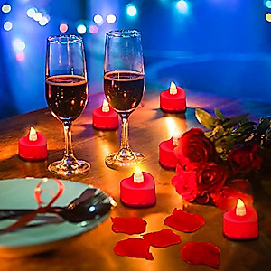 1200 Pieces Artificial Rose Petals with 36 Pieces Romantic Heart Shape LED Tealight Candle Flameless Love Candle for Candlelight Dinner Wedding Night Party Wedding Anniversaries Table Decor (Red)