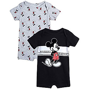 Disney Baby Boys Romper - 2 Pack Short Sleeve Baby Jumpsuit with Snap Closure - Cozy Baby Bodysuit for Boys (Newborn/Infant), Size 18M, Mickey Black/White/Grey Multi