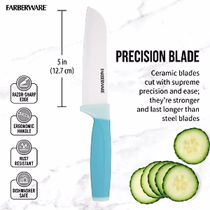 Farberware Ceramic 5- Inch Santoku Knife with Custom-Fit Blade Cover, Razor-Sharp Kitchen Knife with Ergonomic, Soft-Grip Handle, Dishwasher-Safe, 5-inch, Aqua
