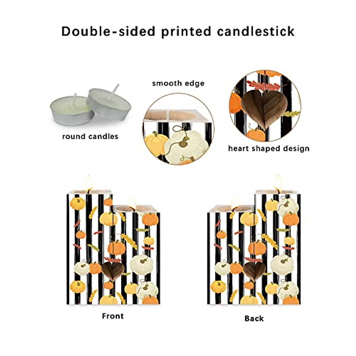 Black Pumpkins Stripes Candle Holder with Tea Light,Vintage Wood Tealight Candle Stick Holder Pillar Centerpiece,Heart-Shaped Wooden Candle Holders Set Fall Thanksgiving Sunflower Rustic Autumn Leaves