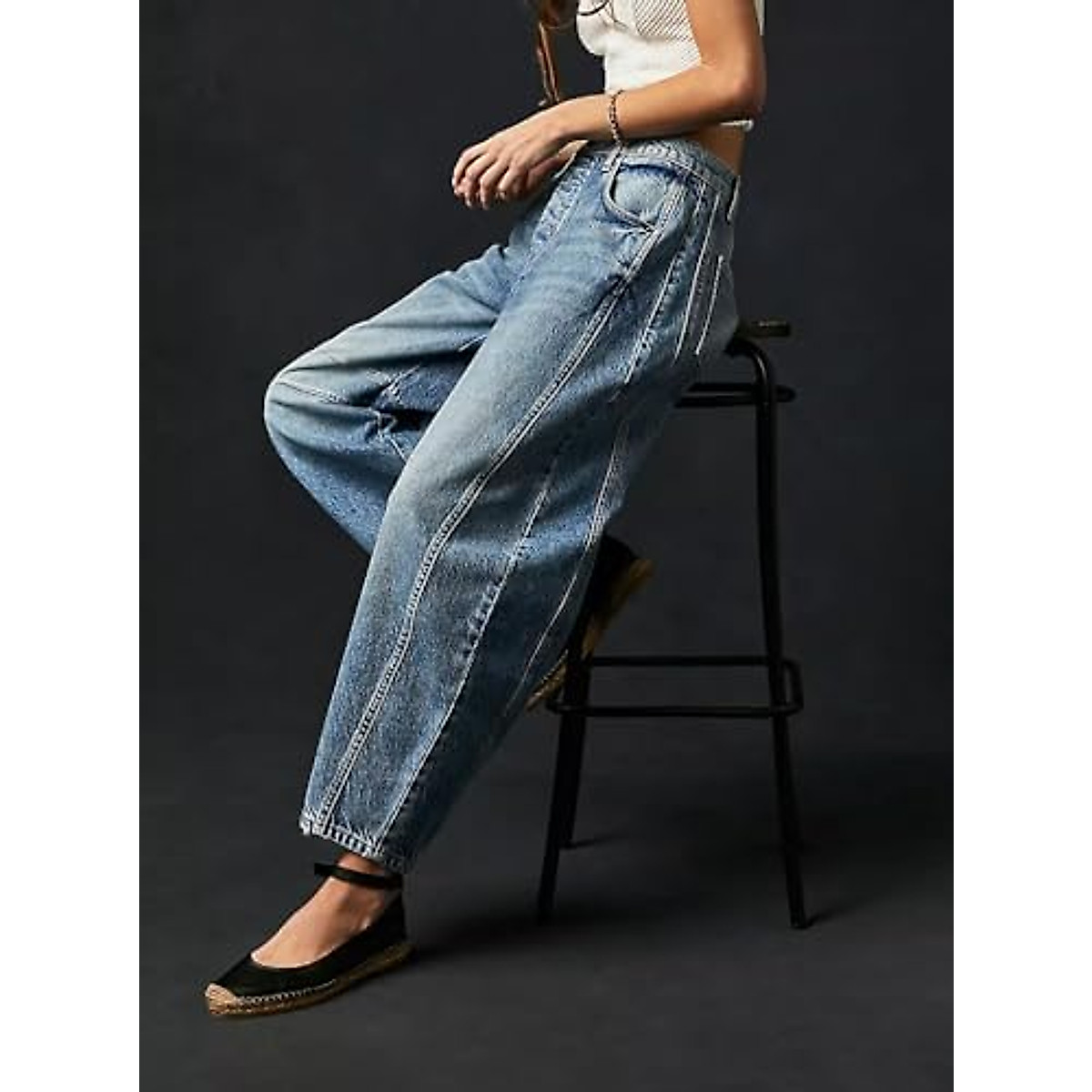 KMBANGI Womens Baggy Mid Rise Jeans Wide Leg Loose Boyfriend Denim Harem Cropped Pants Vintage Barrel Jeans Y2k(Dark Blue,L)