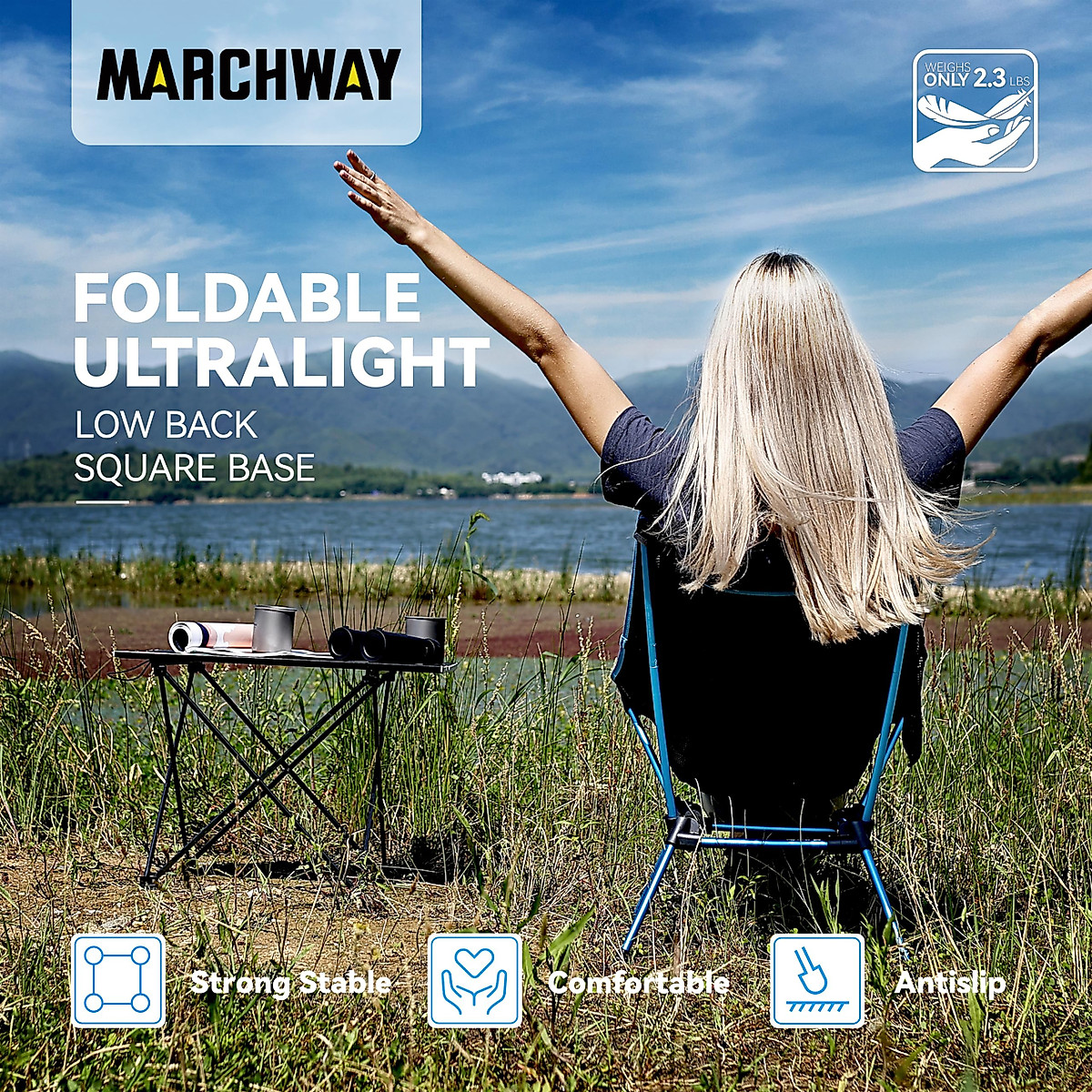 MARCHWAY Ultralight Folding Camping Chair, Heavy Duty Portable Compact for Outdoor Camp, Travel, Beach, Picnic, Festival, Hiking, Lightweight Backpacking (Sky Blue)