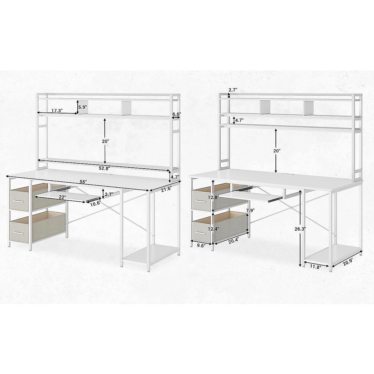 SEDETA White Computer Desk with Hutch and Drawer, 55" White Gaming Desk with LED Lights & Power Outlet, Home Office Desks with Storage Shelves, Bookshelf, Monitor & CPU Stand, Gamer Desk PC Table
