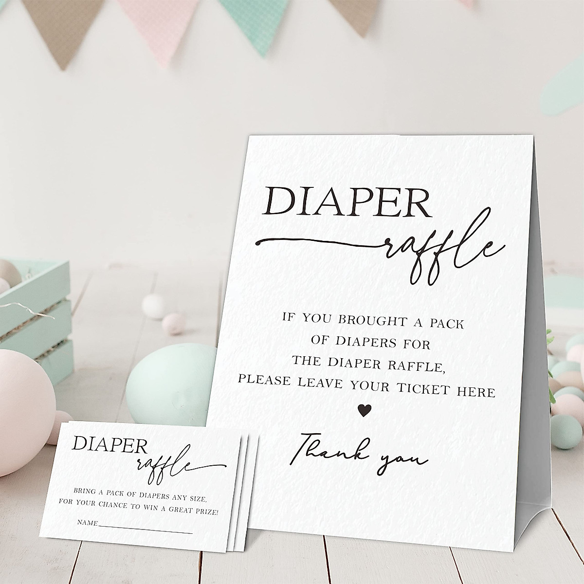 Baby Shower Games, 1 Diaper Raffle Standing Sign with 50 Diaper Raffle Tickets, Minimalist Hello Baby, Modern Black and White Theme Gender Reveal Party Decorations and Supplies(LBLK-A10)