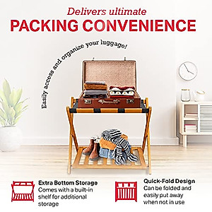 Stony Edge Folding Luggage Rack | Honey Oak Wood Finish, 27x16x22 Inches | Perfect for guest room with Extra Shelf Storage | Suitable for Luggage, Suitcase and Shoes