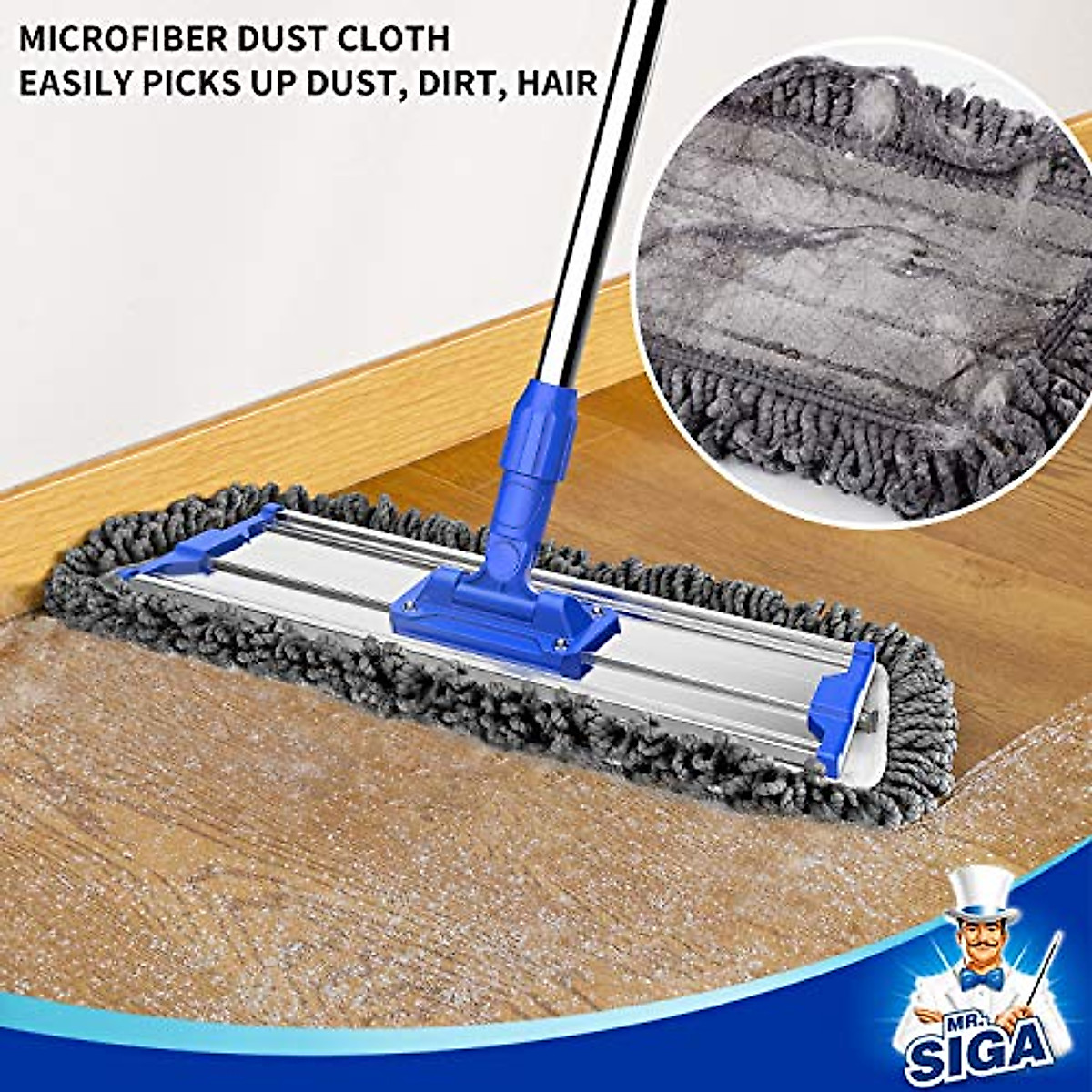 MR.SIGA 18" Professional Microfiber Mop for Floor Cleaning, Stainless Steel Telescopic Handle, Includes 2 Washable Premium Microfiber Mop Pads, 1 Scrub Cloth and 1 Dust Cloth