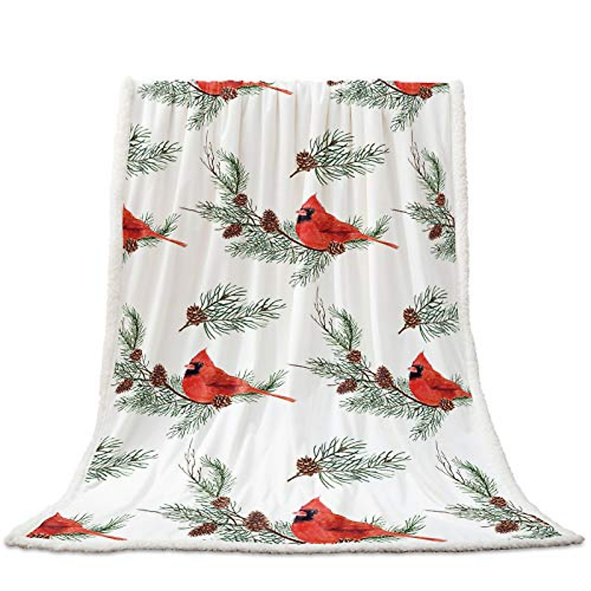 SUN-Shine Sherpa Fleece Throw Blanket Cardinal Birds with Pine Cones Leaves Home Decor Reversible Fuzzy Warm and Cozy Throws, Christmas Super Soft Plush Bed TV Blankets for Couch/Sofa/Travel