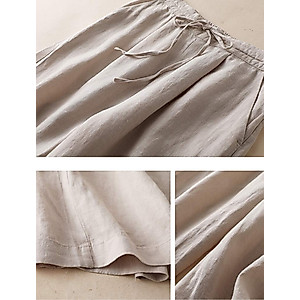 FTCayanz Women's Linen Cropped Wide Leg Pants Elastic Waist Casual Palazzo Trousers with Pockets Beige Medium