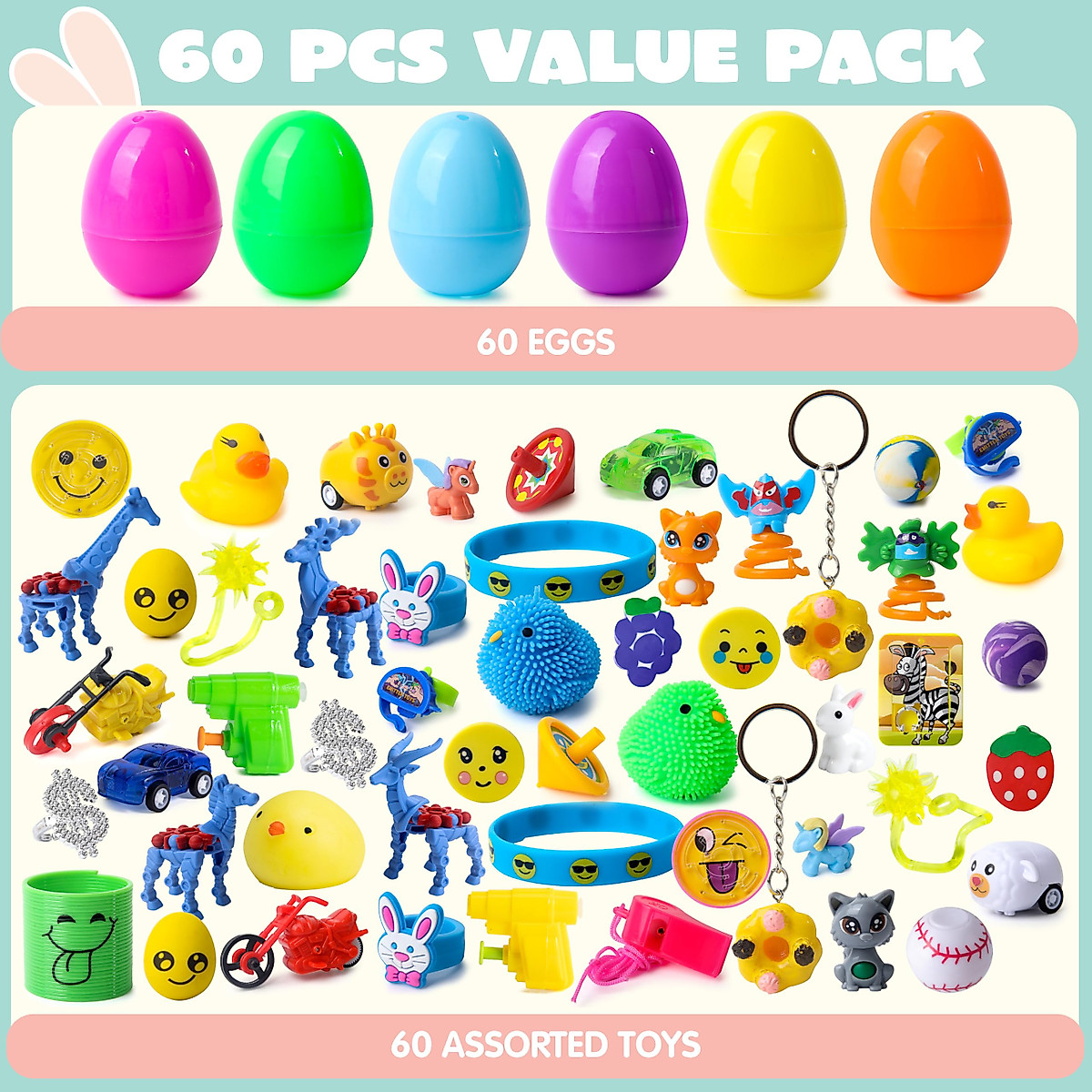 JOYIN 60Pcs Easter Eggs with Toys Inside, Prefilled Easter Eggs Stickers with Assorted Toys for Kids Boys Girls,Easter Party Favors Easter Eggs Hunt, Basket Stuffers Filler, Classroom Exchange