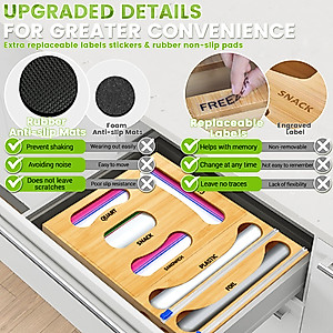 YITOBA Thicker Bag Storage Organizer, Bamboo Baggie Organizer with Aluminum Foil Dispenser, Foil and Plastic Wrap Organizer with Cutter, 6 in 1 Sandwich Bag Organizer for Drawer Kitchen