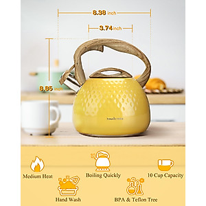 Tea Kettle, Stovetop Teapot, 2.5 Quart, Loud Whistle, Food Grade Stainless Steel and Smooth Wood Pattern Handle, Sophisticated Look for Hiking, Picnic, for Tea, Coffee, (Yellow)