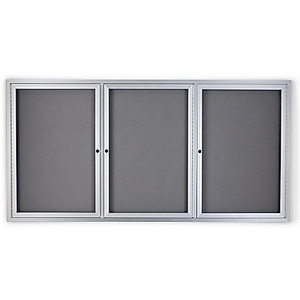 72 x 36 Inch Fabric Tack Board, 3 Locking Swing-Open Doors, 6 x 3 Foot Enclosed Bulletin Board for Wall Mount, Hardware Included - Silver Aluminum Frame with Light Gray Fabric