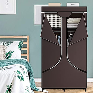 SORCEDAS Portable Wardrobe Closet Storage Organizer Metal Hanging Rack Non-Woven Fabric 34 Inch Coffee (34 Inch, Coffee)